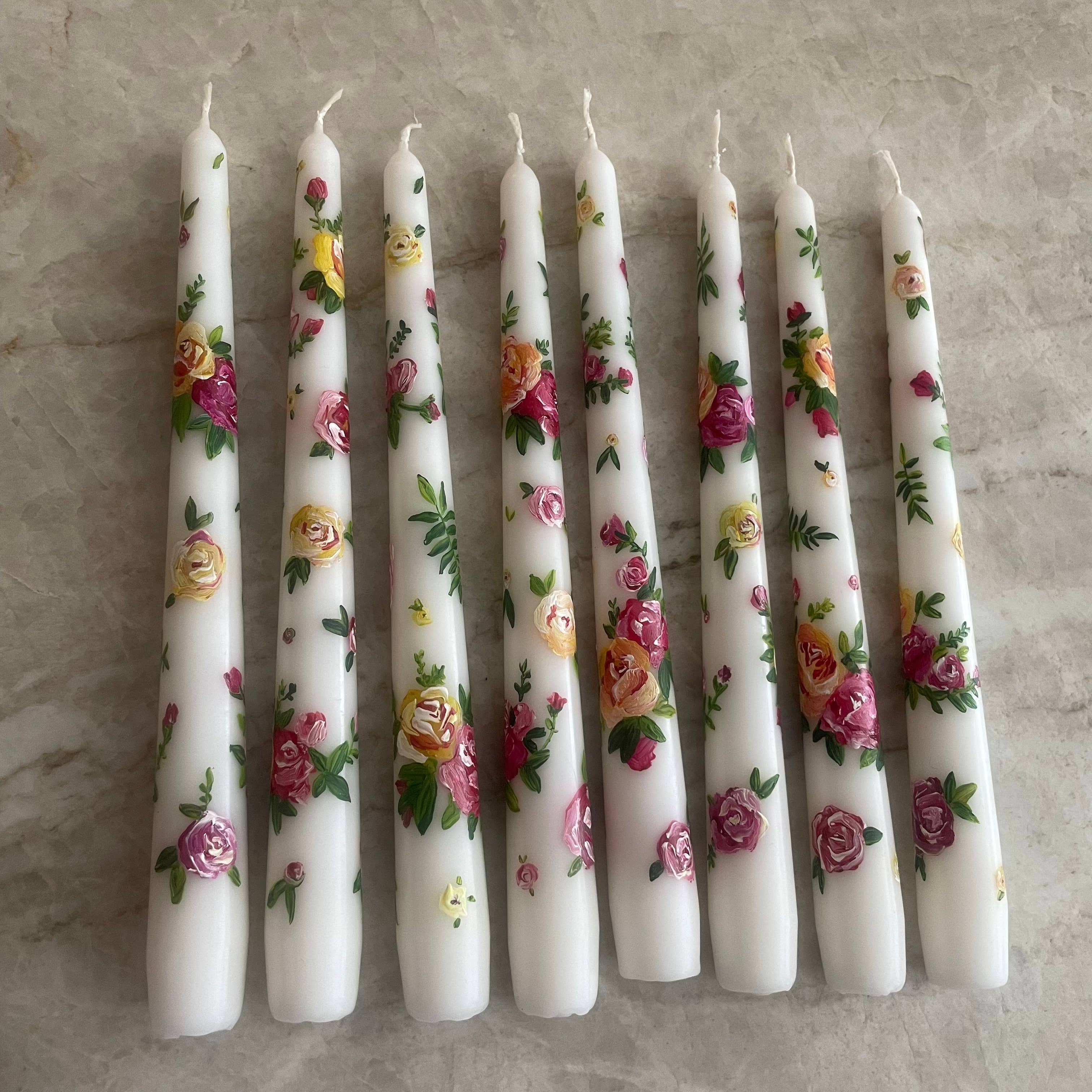 Yellow & Pink Rose Hand-PaintedTaper Candle, Pair – Maaribu